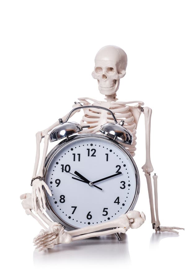 Skeleton with Alarm Clock on the White Stock Image - Image of ...