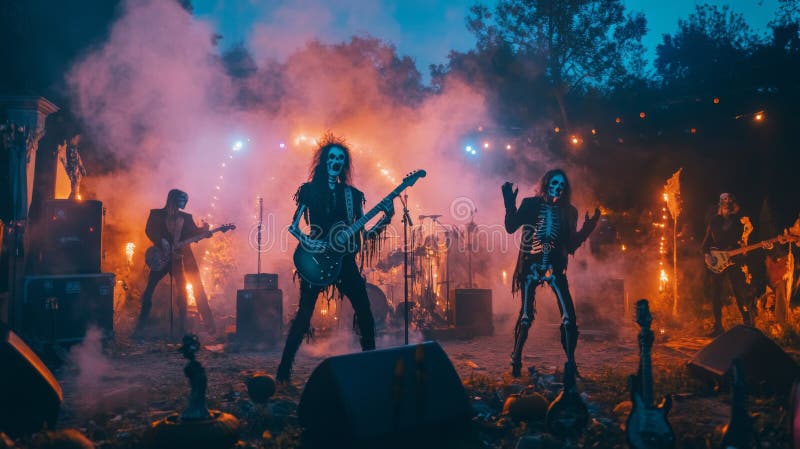 Skeleton Band Performing on Stage in Foggy Night Stock Illustration ...