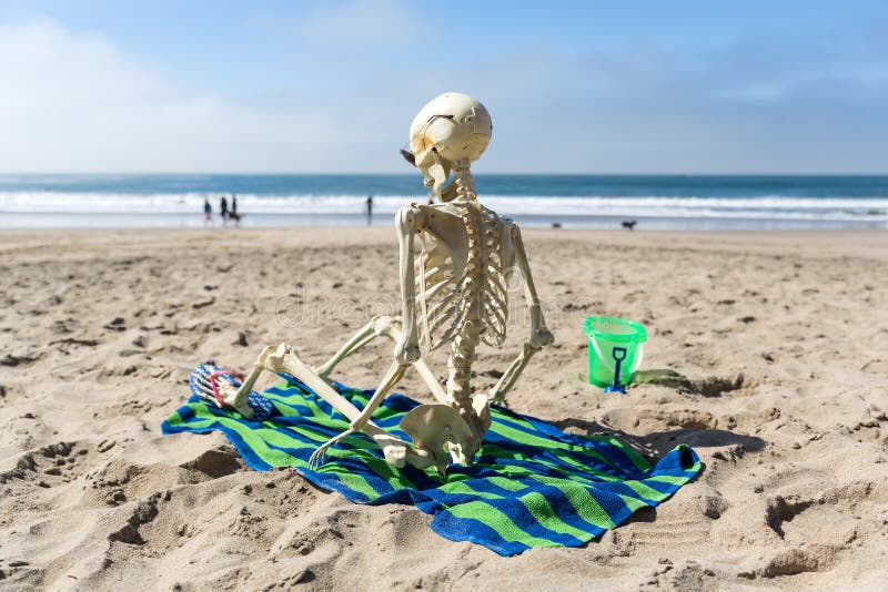 Skeleton Sits on a Bench at the Beach Watching the Ocean Stock Image ...
