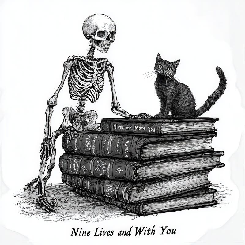 Skeleton and Black Cat on Books, Surreal Black-and-white Gothic Art ...