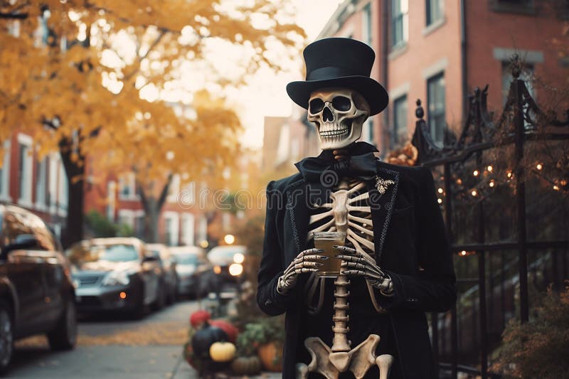 Skeleton in a Black Jacket on Halloween Street. Generative AI Stock ...