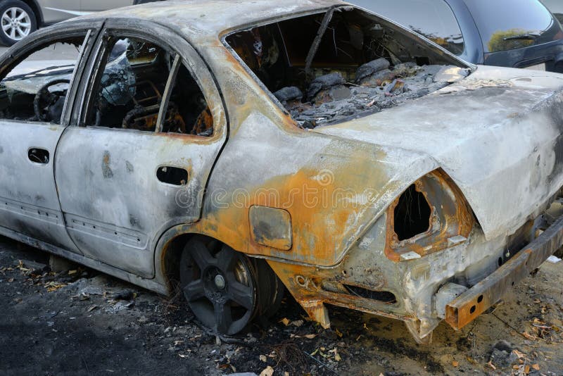 Skeleton of Burnt Out Car.Trunk of a Burnt Out Car Stock Photo - Image ...
