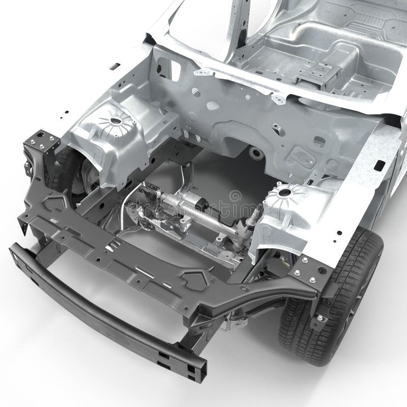 Skeleton of a Car with Chassis on White. Side View. 3D Illustration ...