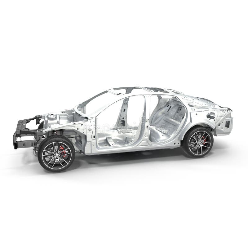 Skeleton of a Car with Chassis on White. Side View. 3D Illustration ...