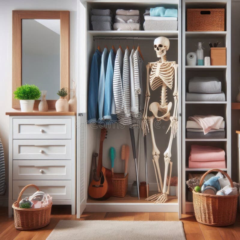 Skeleton in the Closet among Clothes. Stock Photo - Image of secret ...