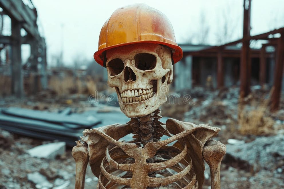 Skeleton with Construction Helmet Posing in Front of Destroyed Building ...