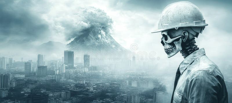 Skeleton Construction Worker Facing Grim Reality, Cityscape Destruction ...