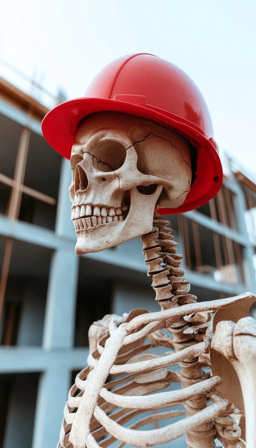 Skeleton Construction Worker in Red Hard Hat, Posing on Building Site ...