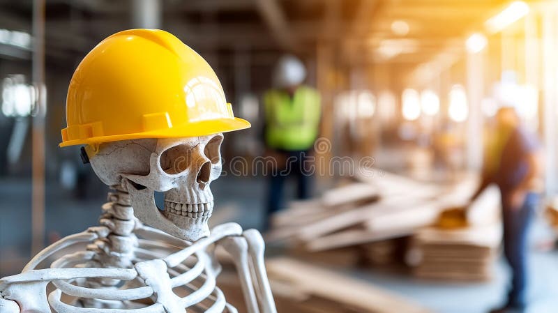 Skeleton Construction Worker in Yellow Hard Hat on Blurred Construction ...