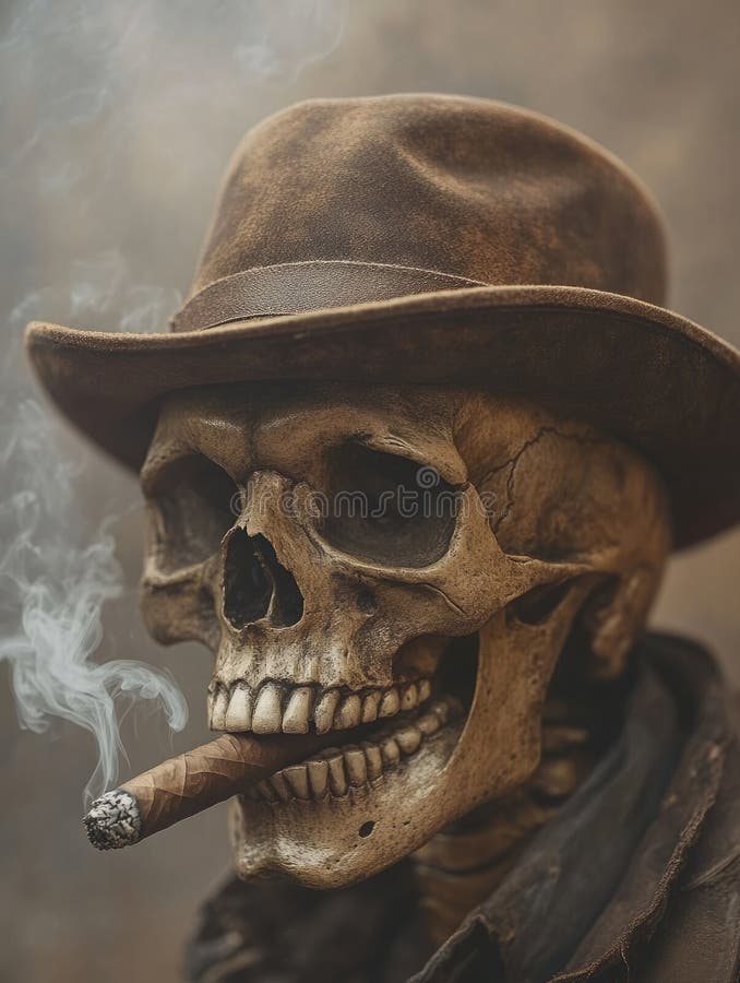 A Skeleton in Cowboy Hat Smoking a Cigar. Stock Image - Image of smoke ...