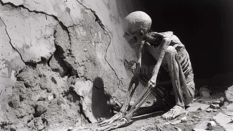 A Skeleton Crouches in Front of a Crumbling Wall, AI Stock Photo ...