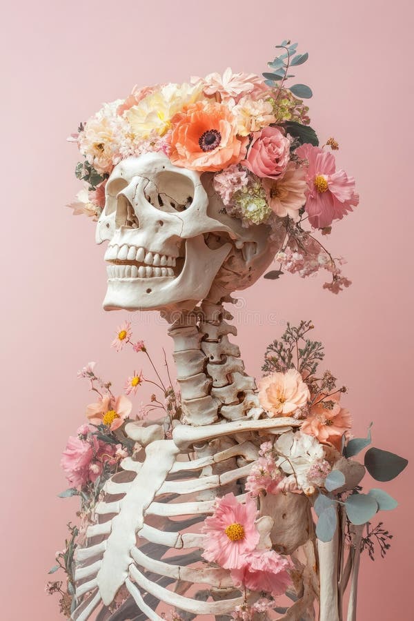 Skeleton Decorated with Vibrant Flowers on a Pastel Backdrop Stock ...