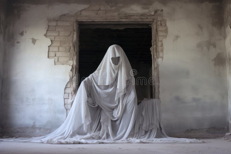 Skeleton Draped in White Fabric Posing in a Deserted, Decrepit Building ...