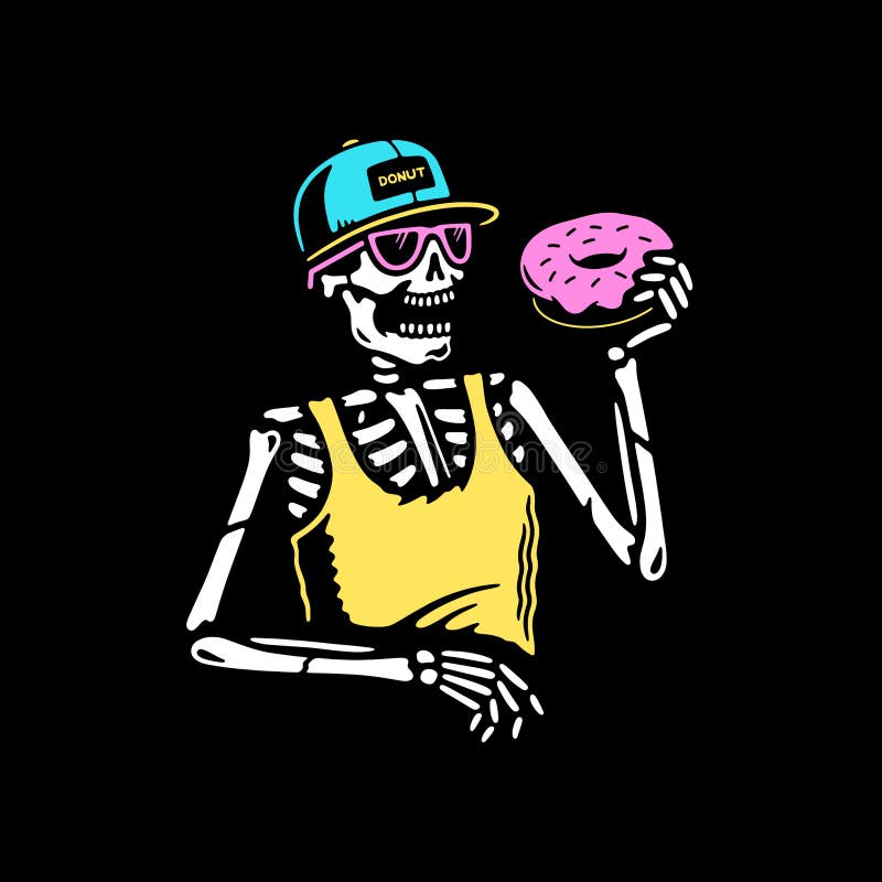 SKELETON EATING DONUT COLOR Stock Vector - Illustration of hand, skull ...