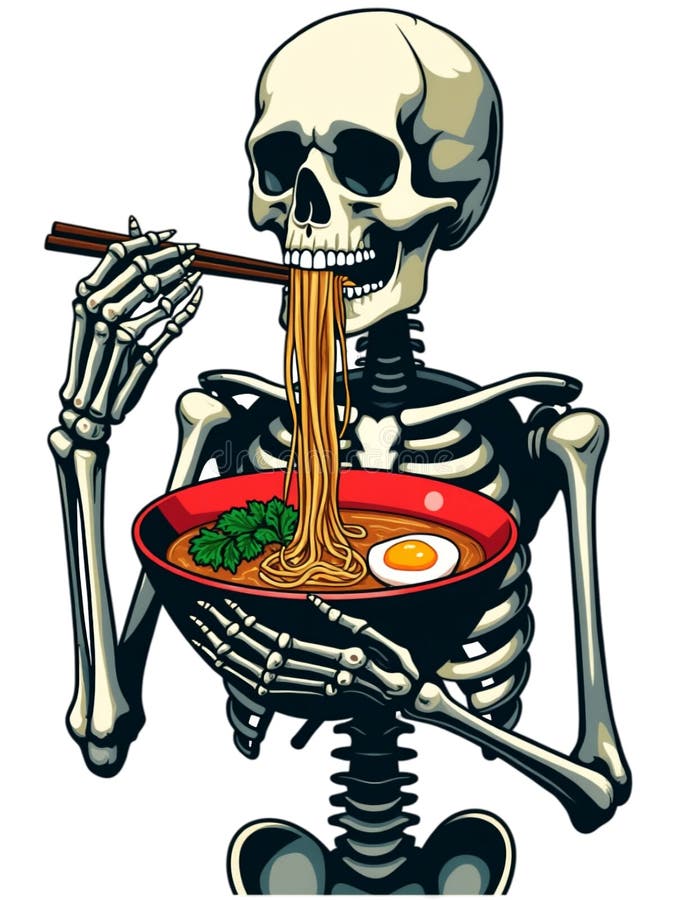 A Skeleton Eats Noodles with Chopsticks, Holding a Bowl Filled with ...
