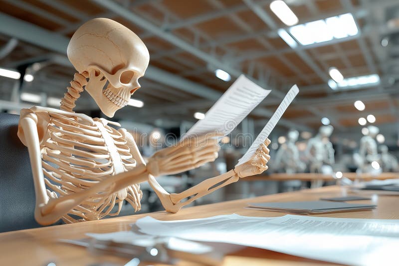 Skeleton Examining Documents in Office Setting for Comical Corporate ...