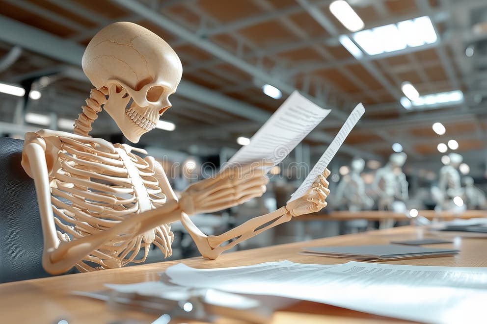 Skeleton Examining Documents in Office Setting for Comical Corporate ...