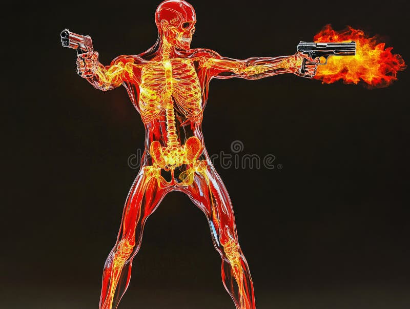 Human Skeleton Holding Guns and Surrounded by Flames in a Dramatic ...