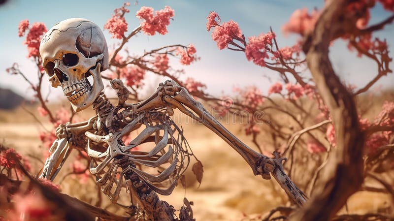 Skeleton Figure Surrounded by and Embracing Floral in a Dead Meadow ...