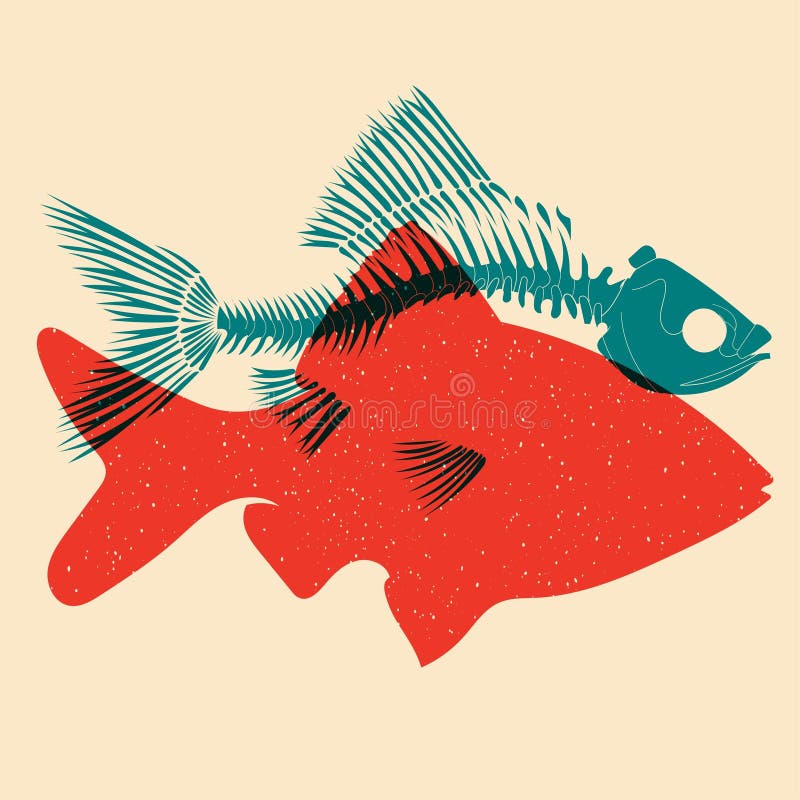 Skeleton of Fish. Colorful Cute Screen Printing Effect. Riso Print ...