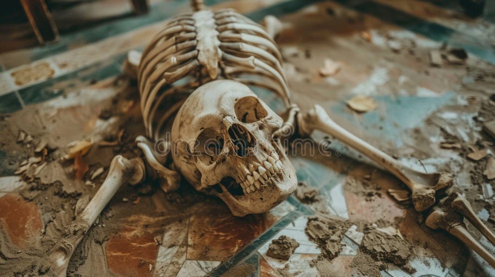 Skeleton on the floor stock photo. Image of bones, supernatural - 370497360