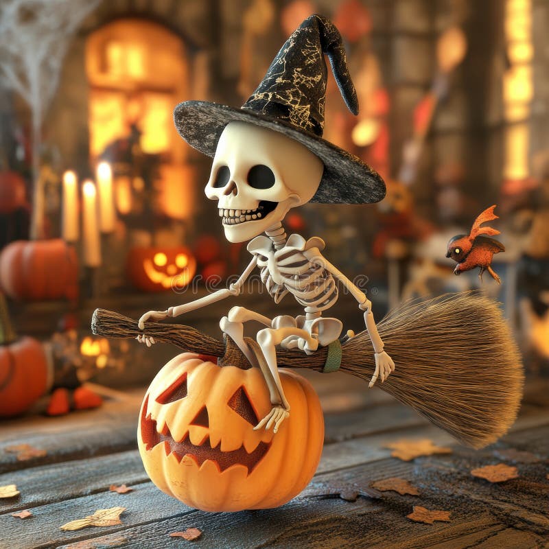 Skeleton Flying on a Broom with a Pumpkin on Halloween Stock ...