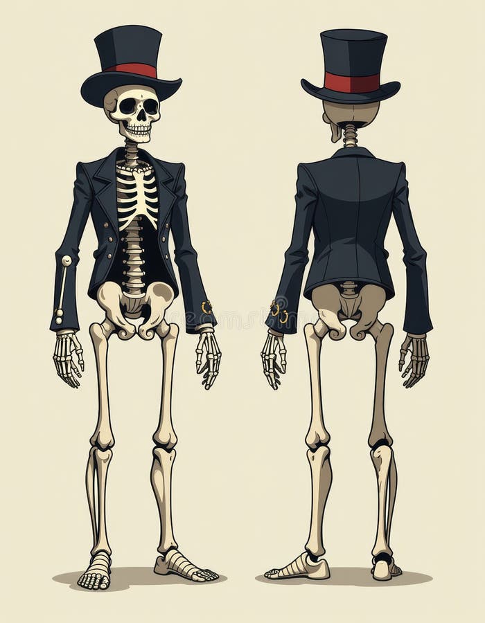 Skeleton Gentleman in Top Hat - Front and Back Views Stock Illustration ...
