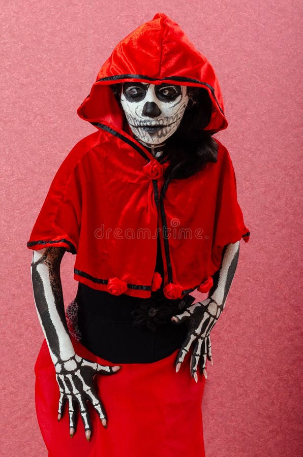 Girl Makeup Skeleton in Red Cape Stock Photo - Image of beautiful ...