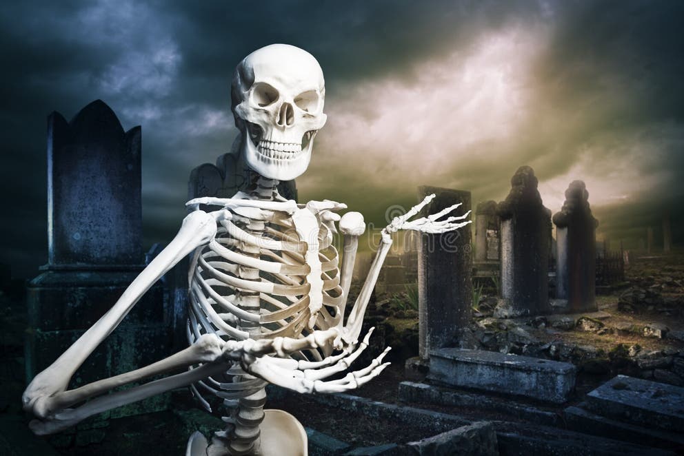 Skeleton in a Graveyard Welcoming You Stock Photo - Image of horizontal ...