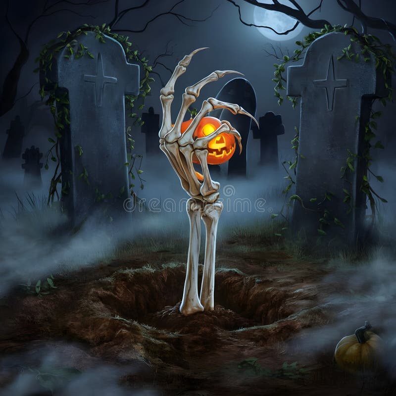 Skeleton Hand Emerging from a Grave on Halloween Night Stock Image ...