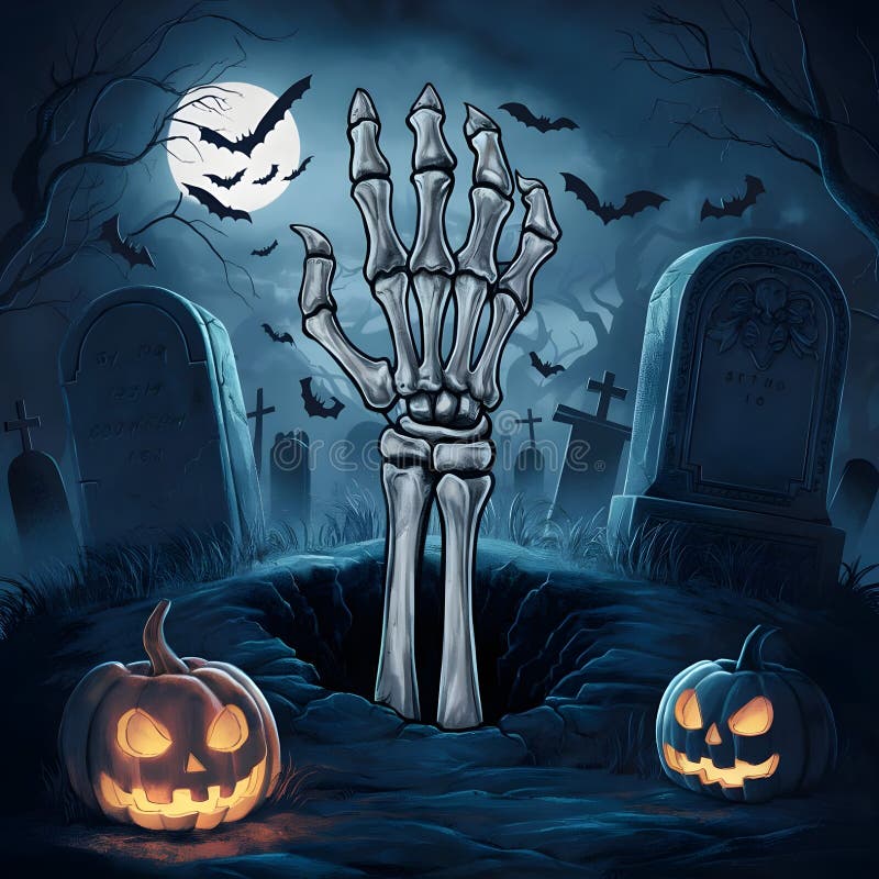 Skeleton Hand Emerging from a Grave on Halloween Night Stock Image ...