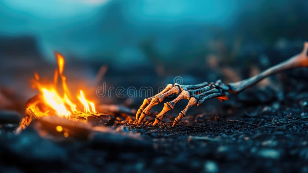 Skeleton Hand Reaching Towards Campfire in Mysterious Wilderness ...