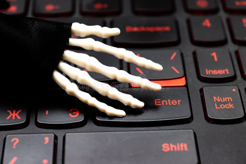 Skeleton Hand Ready To Work on Computer, Laptop Gaming Keyboard Stock ...