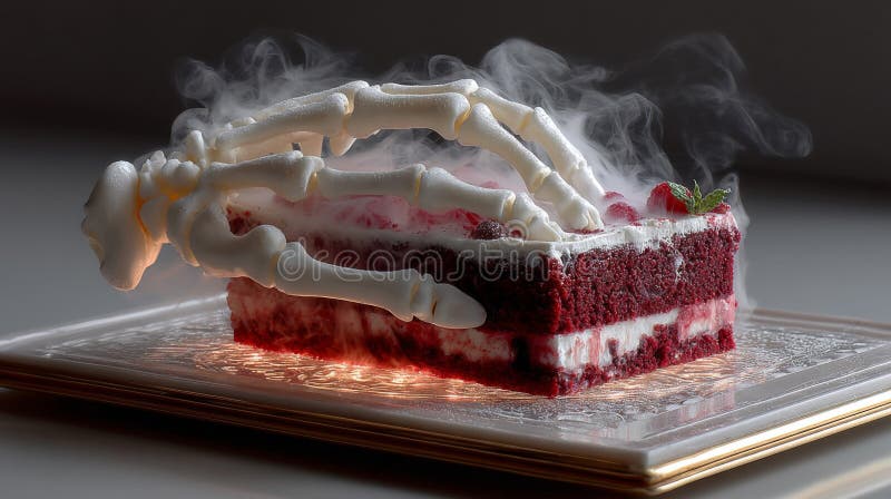 Skeleton Hand and Red Velvet Cake with Smoke Stock Illustration ...