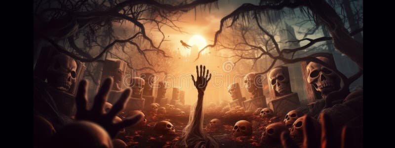 Skeleton Hand Rising from a Graveyard at Halloween in a Spooky Cemetery ...