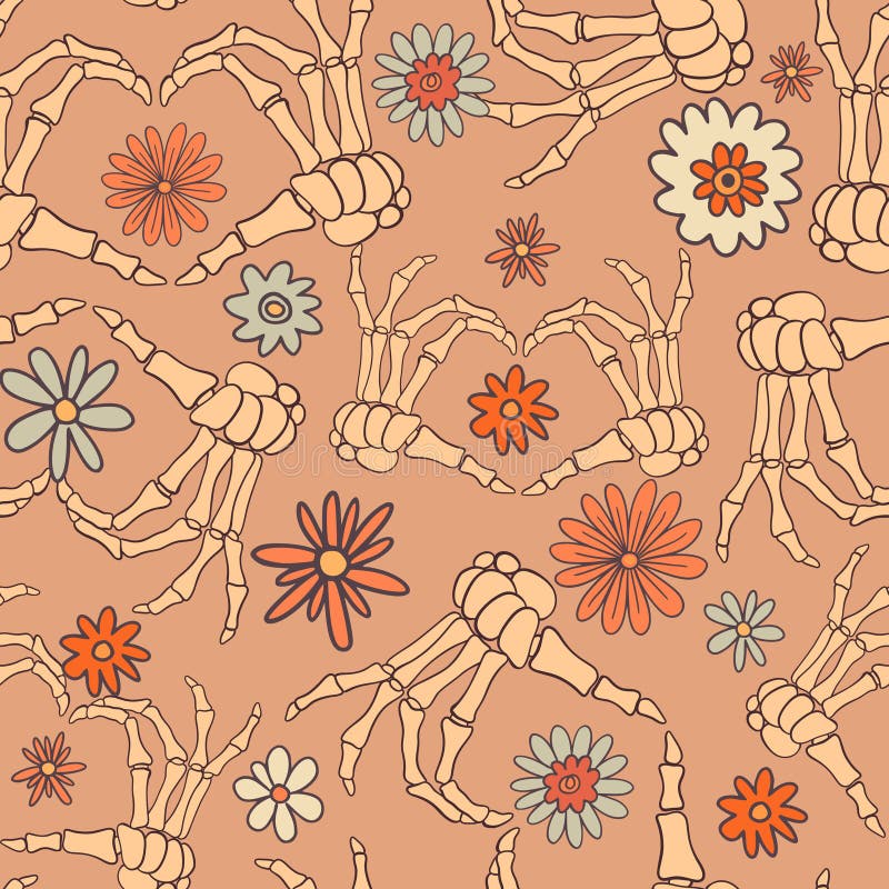 Skeleton Hands Forming Hearts with Floral Pattern on Tan Background ...