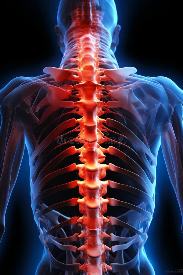 Skeleton with Highlighted Back and Neck Area Highlighted in Red ...