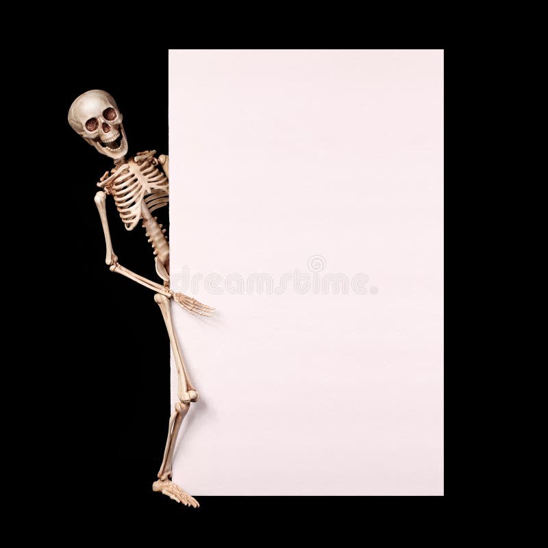 Skeleton Holding Empty Blank Over Black. Halloween Stock Image - Image ...
