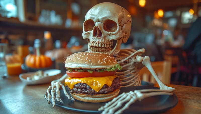 A Skeleton is Holding a Hamburger on a Plate Stock Image - Image of ...