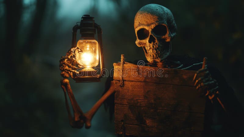 Skeleton Holding a Lantern and a Wooden Sign in Darkness Stock ...