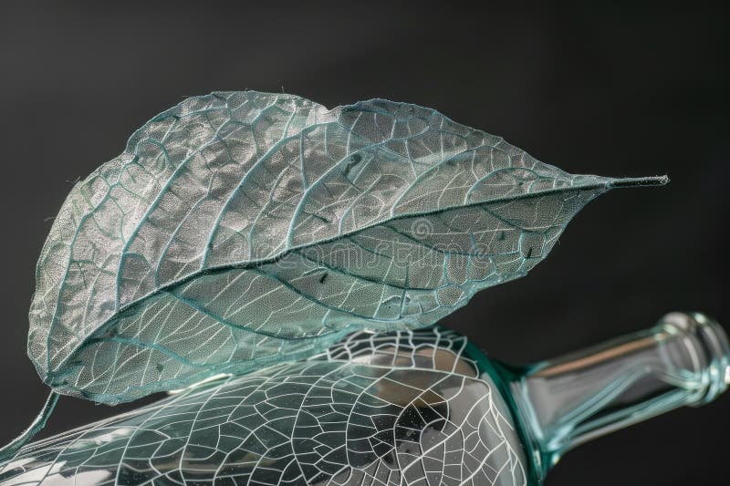 Skeleton Leaf Resting on a Glass Bottle with a Dark Background Stock ...