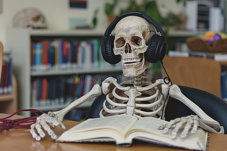 Skeleton at a Library Table with Headphones and an Open Book Stock Photo - Image of headphones ...