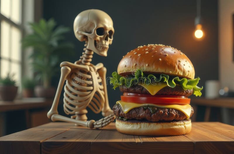 Skeleton Looking at a Big Cheeseburger on a Table Stock Image - Image ...