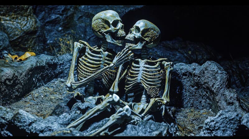 Skeleton Lovers Embracing in Dim Rocky Cavern Stock Photo - Image of ...