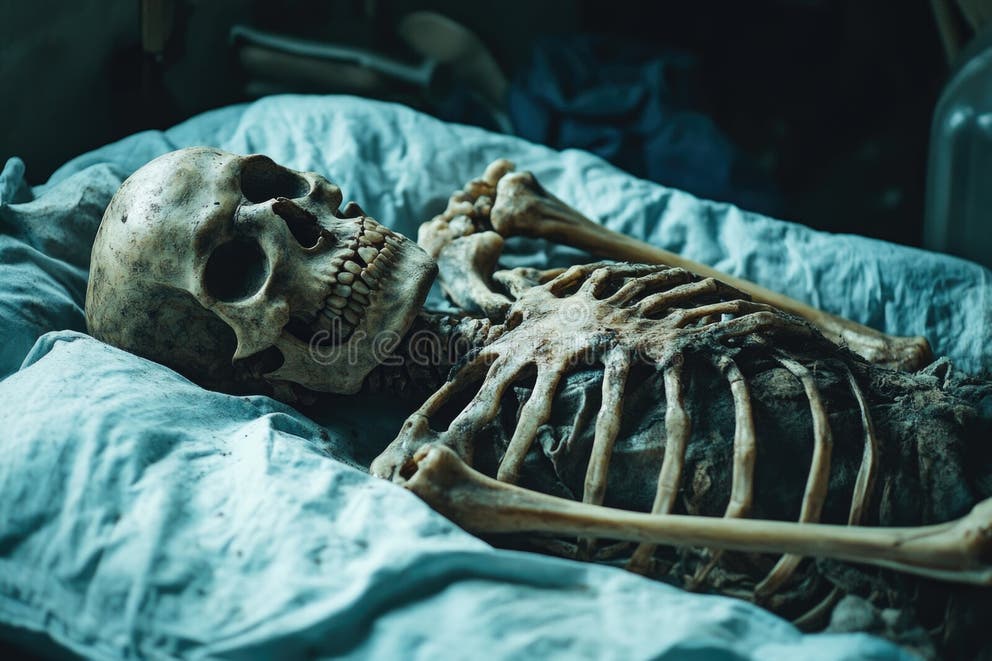 A Skeleton Lying on a Bed in a Dark Room Stock Photo - Image of ...