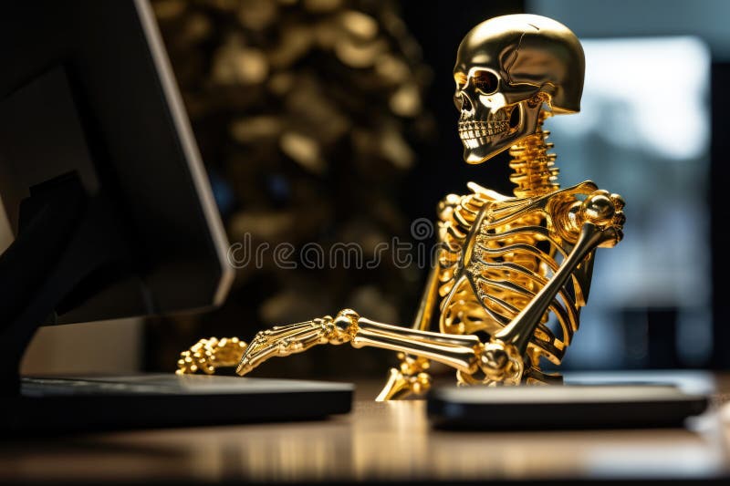 A Skeleton Made of Gold Sitting at a Desk Working on the Computer Stock ...