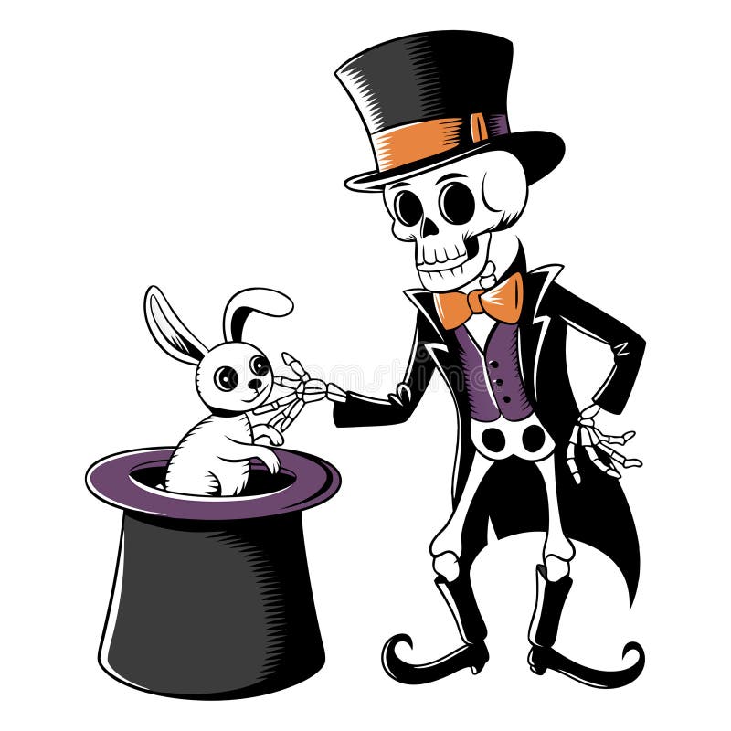 Skeleton Magician Performing Magic Trick with Rabbit in Top Hat Stock ...