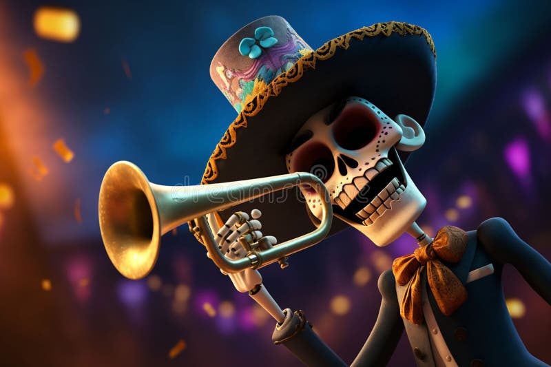Skeleton Musician Playing Trumpet in Mariachi Stock Illustration ...