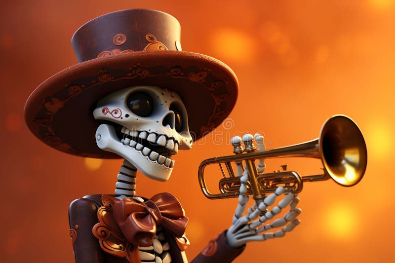Skeleton Musician Playing Trumpet in Mariachi Stock Illustration ...