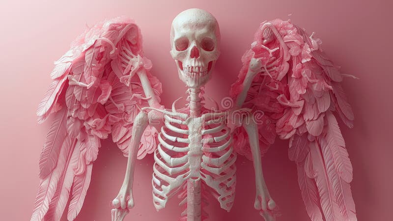 Skeleton with Pink Feathered Wings Against a Pink Background, Artistic ...